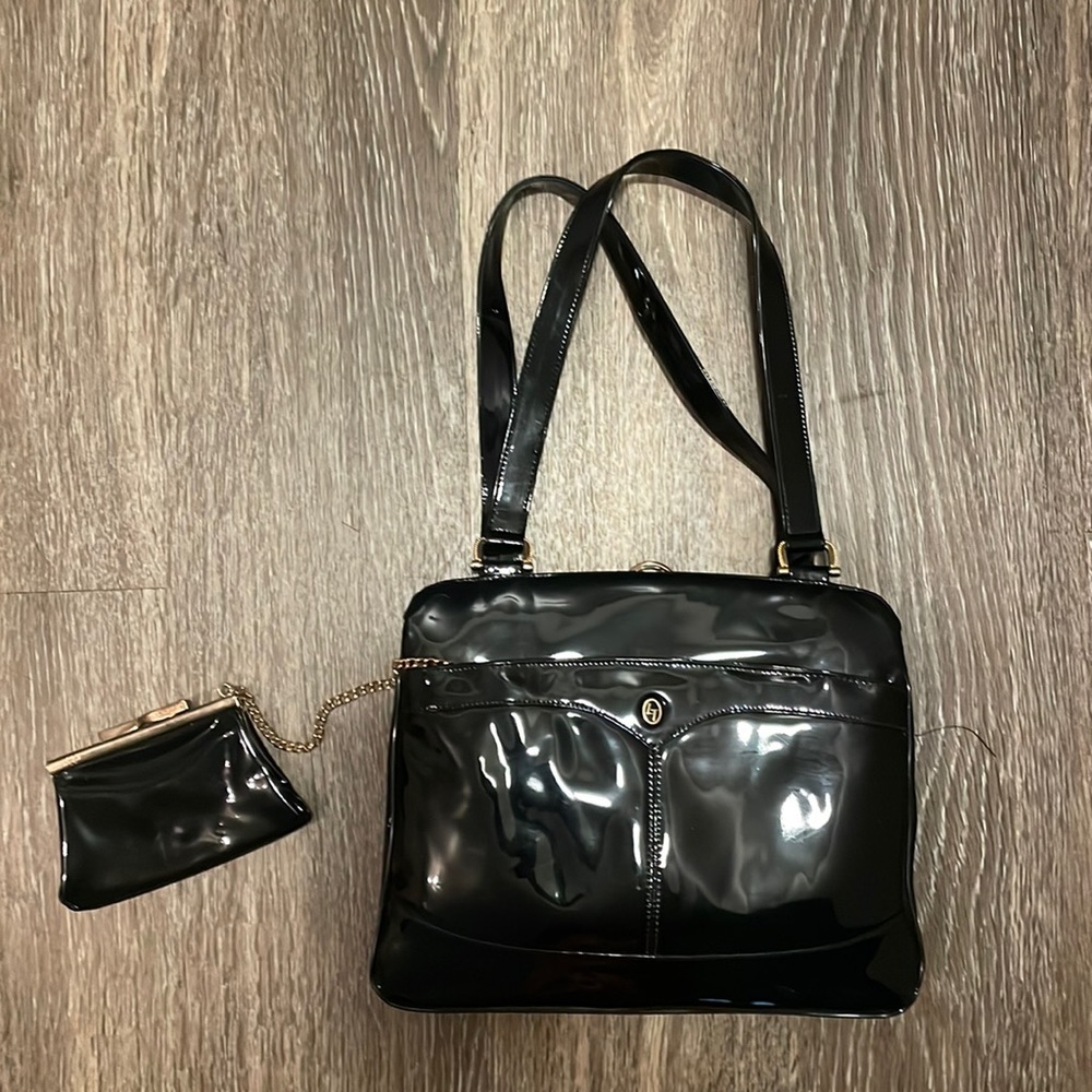Vintage Lou Taylor Shiny Black Patent Leather Handbag… - Gem